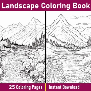 Landscape Coloring Book | 25 Black and White Forest Designs (printable ...
