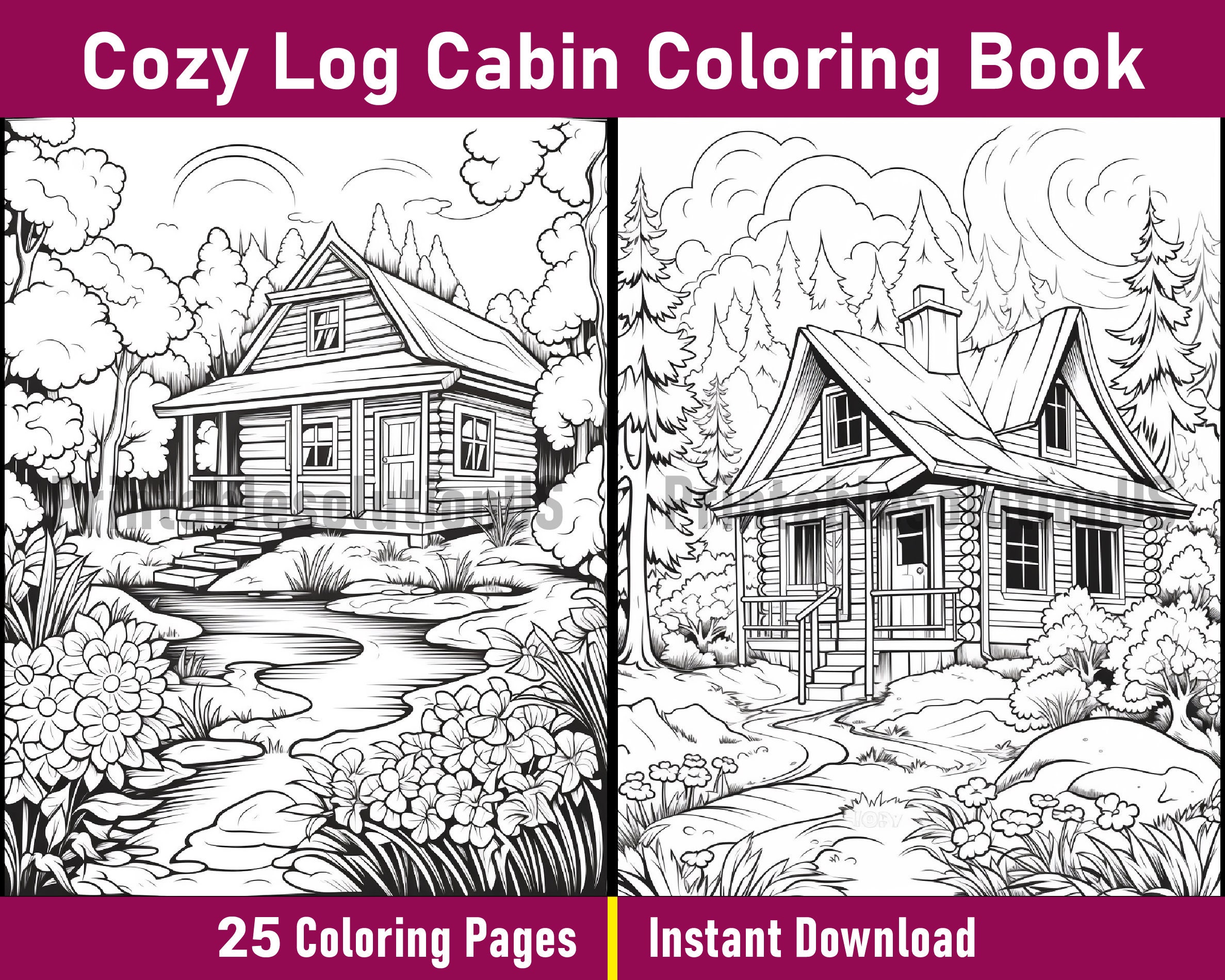Cozy Log Cabin Coloring Book Pages | Printable Garden House Coloring ...