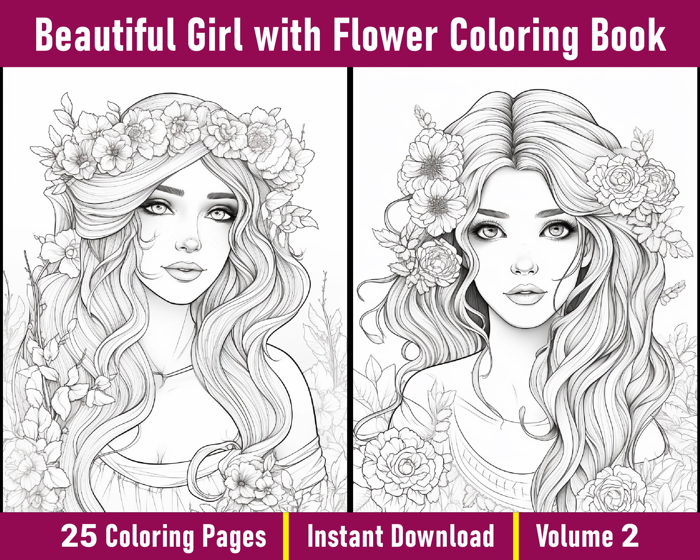 Beautiful Girl With Flower Coloring Book V-2 Cute Girl Coloring Pages ...