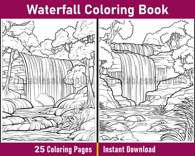 Waterfall Coloring Book V-5 Printable Nature Coloring Pages Black and ...