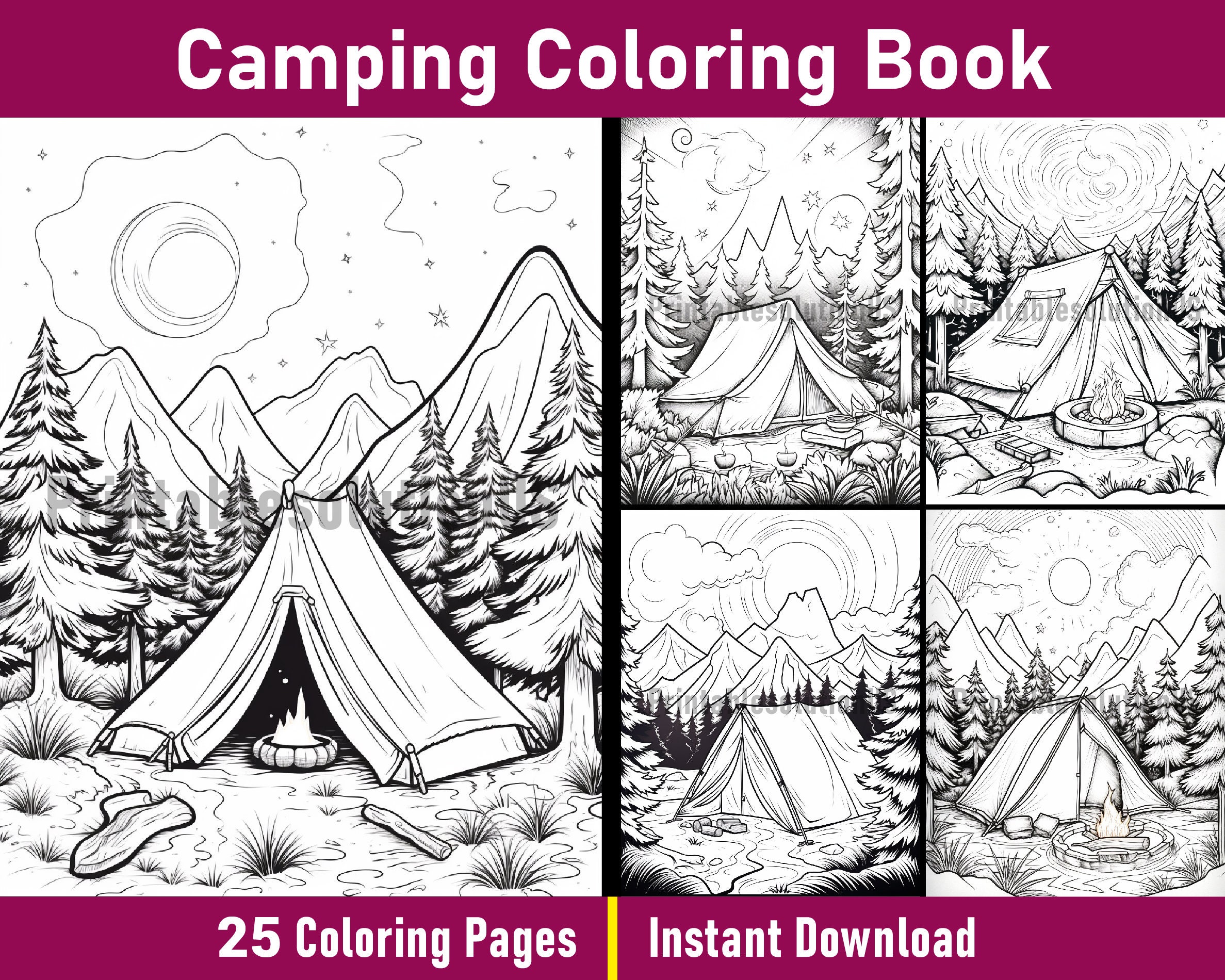 Camping Coloring Book | Printable Summer Coloring Pages | Grayscale ...