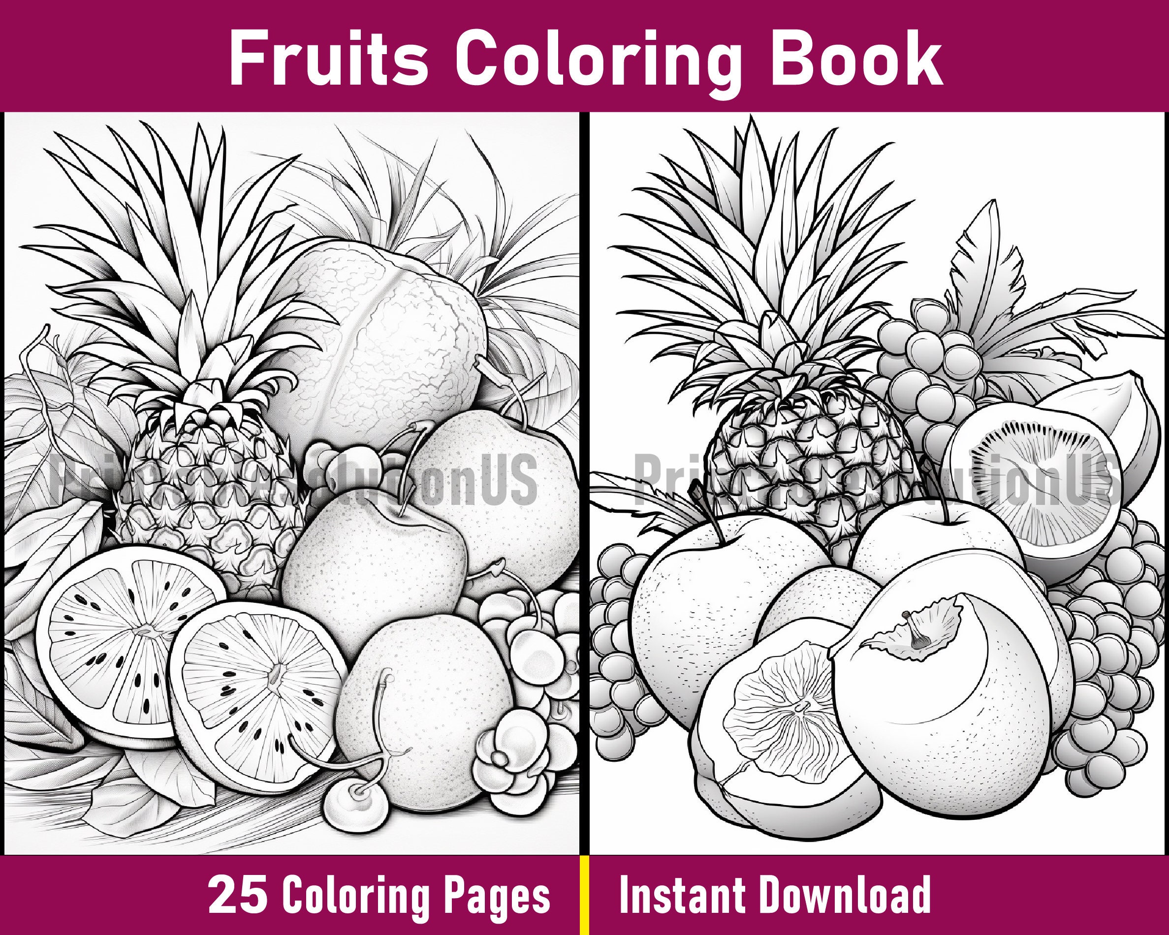 Fruits Coloring Book | Printable Summer Coloring Pages | Grayscale ...