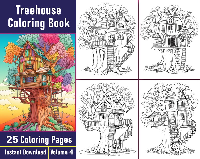 Enchanted Treehouse Coloring Book | Grayscale Illustrations (printable ...
