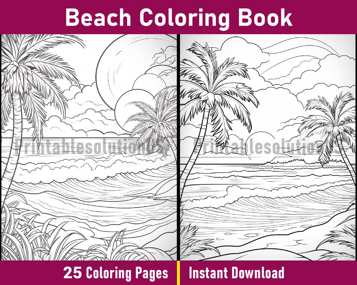 Beach Coloring Book Printable Summer Coloring Pages Black and White ...