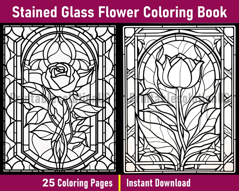 Stained Glass Rose Coloring Book Vol-2 Rose Flower Coloring - Etsy
