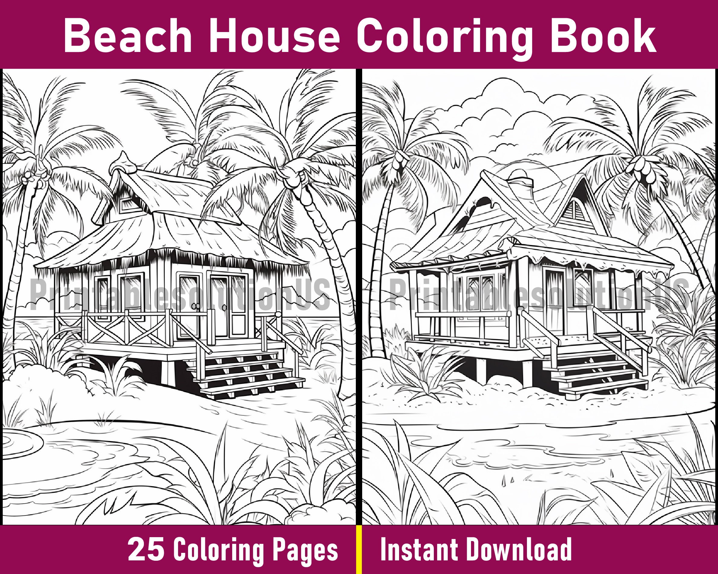 Beach House Coloring Book | 25 Printable Cottage Pages (PDF Download ...