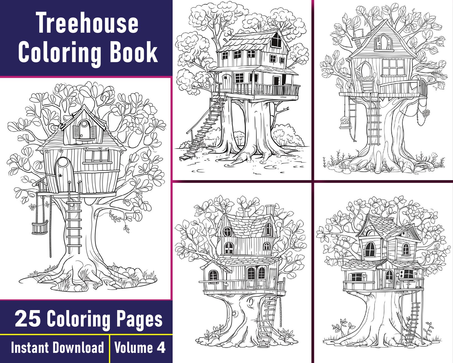 Enchanted Treehouse Coloring Book | Grayscale Illustrations (printable ...