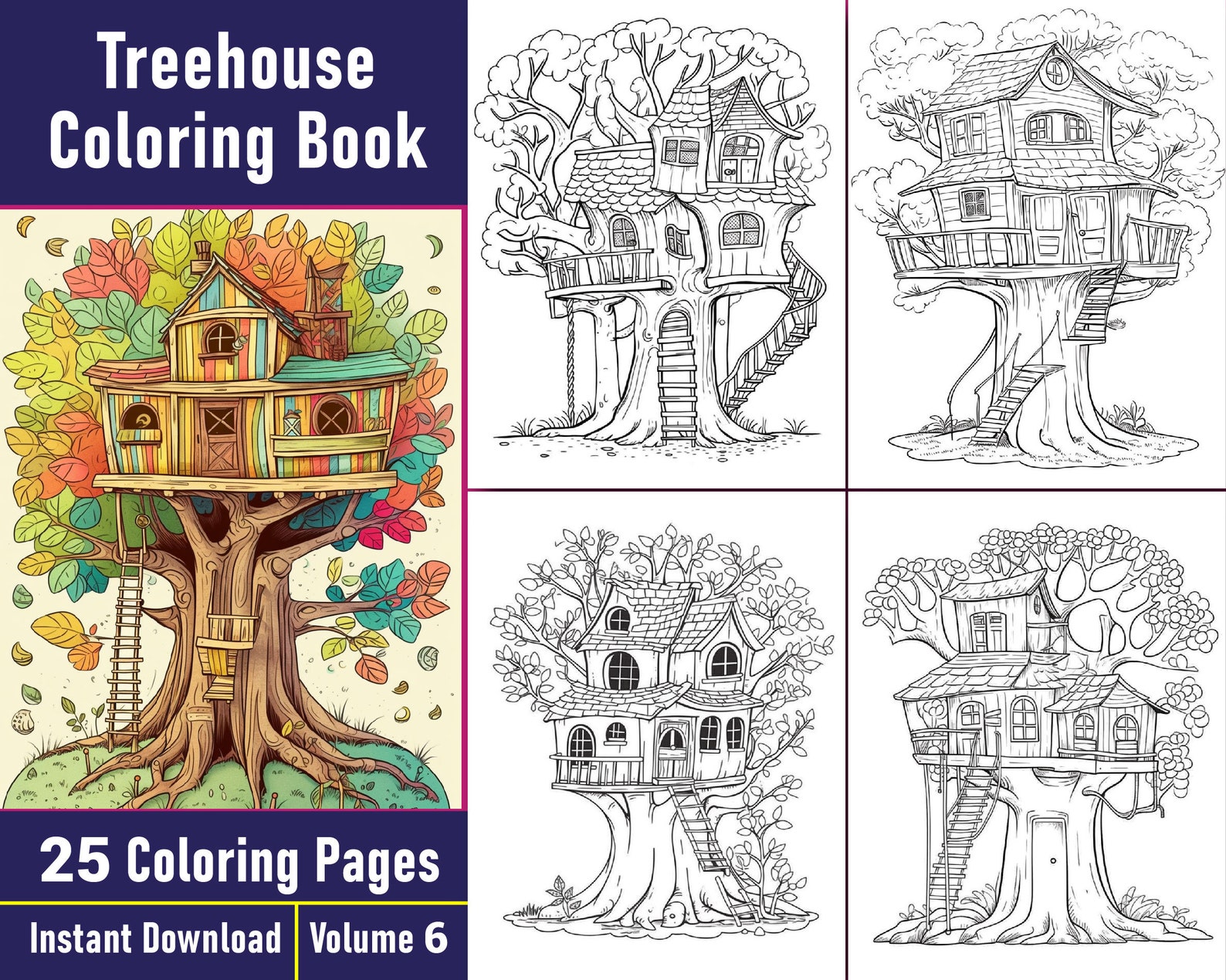Enchanted Treehouse Coloring Book | 25 Grayscale Pages (printable PDF ...