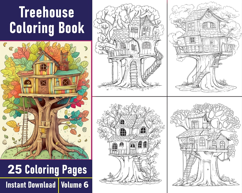 Enchanted Treehouse Coloring Book | 25 Grayscale Pages (printable PDF ...