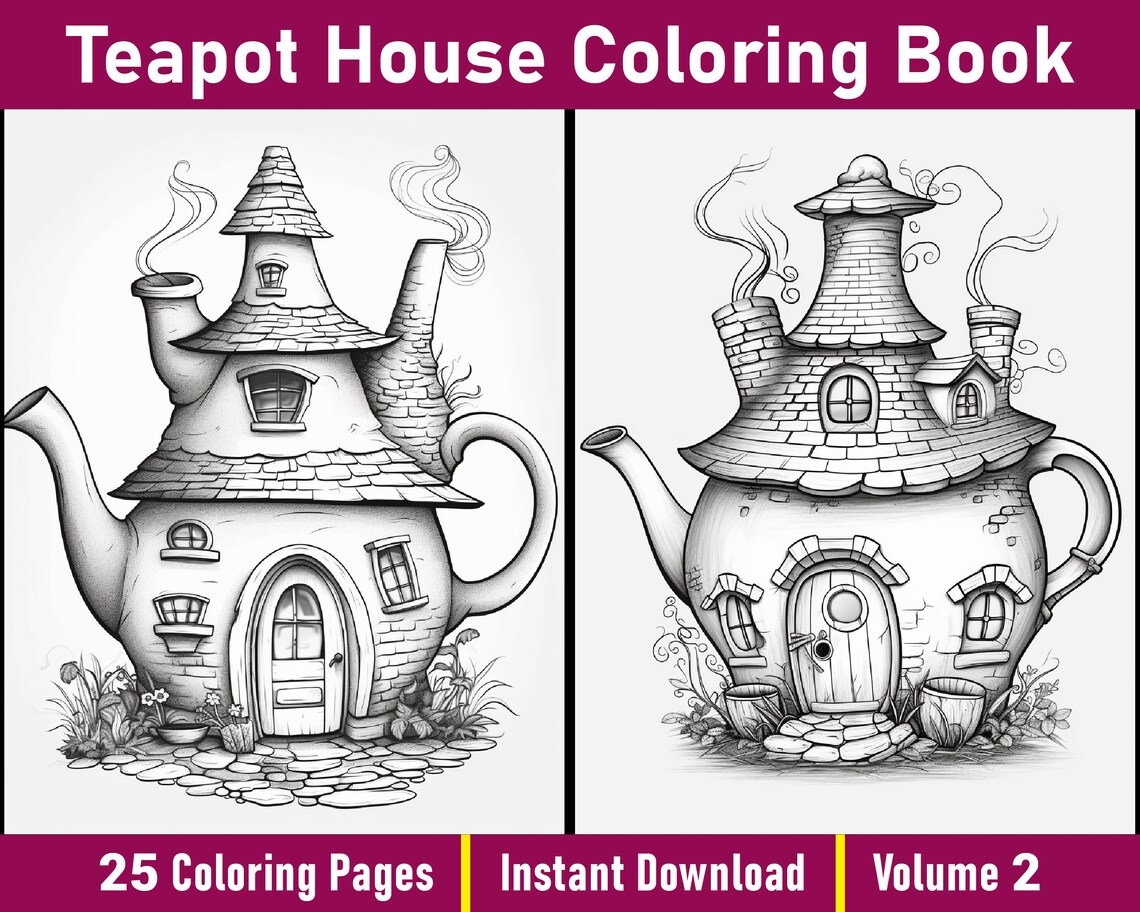 Teapot House Coloring Book V-2 Whimsical Teapot Fairy House Coloring ...