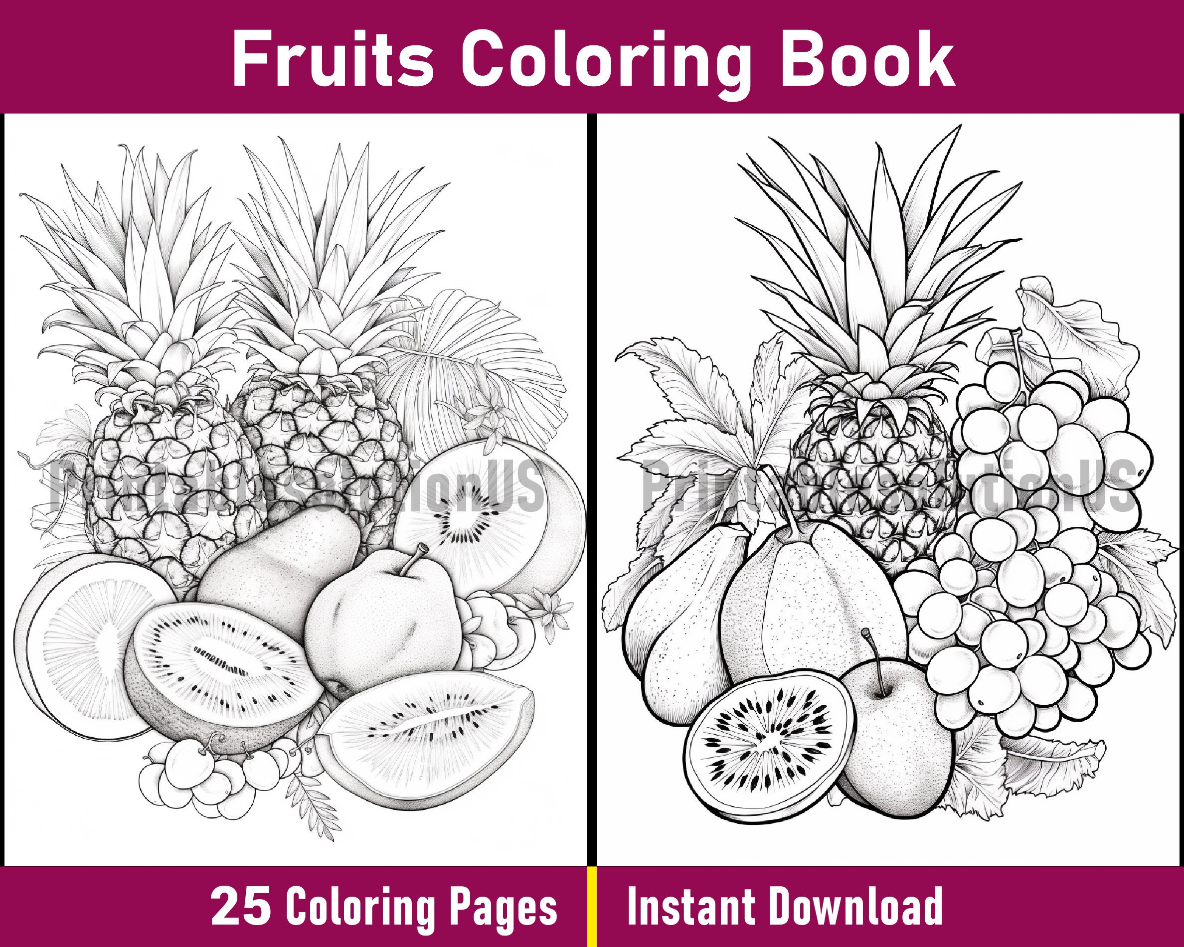 Fruits Coloring Book | Printable Summer Coloring Pages | Grayscale ...