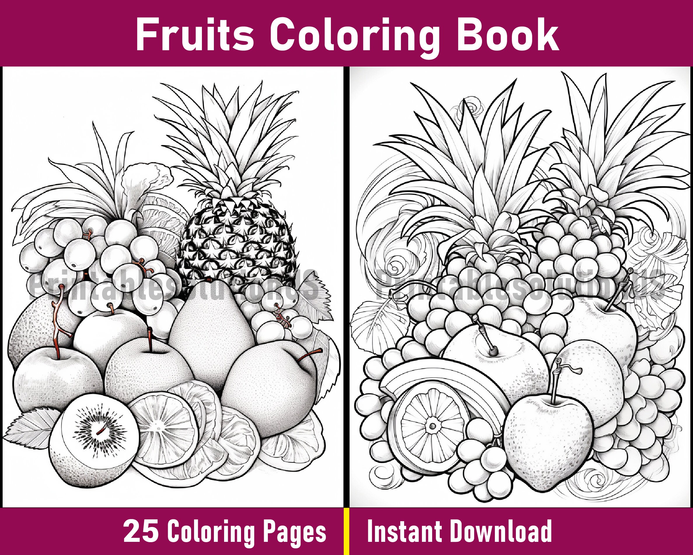 Fruits Coloring Book | Printable Summer Coloring Pages | Grayscale ...