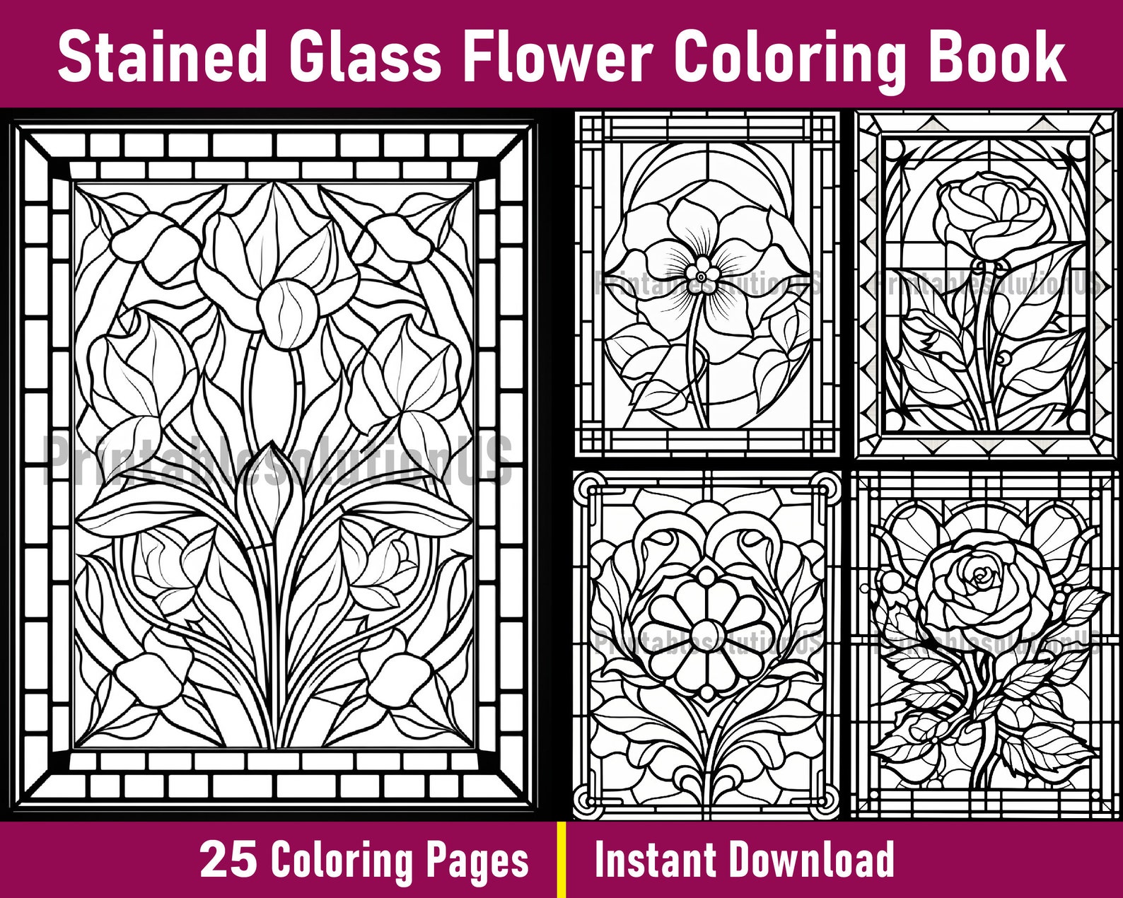 Stained Glass Rose Coloring Book Vol-2 | Rose Flower Coloring Pages ...