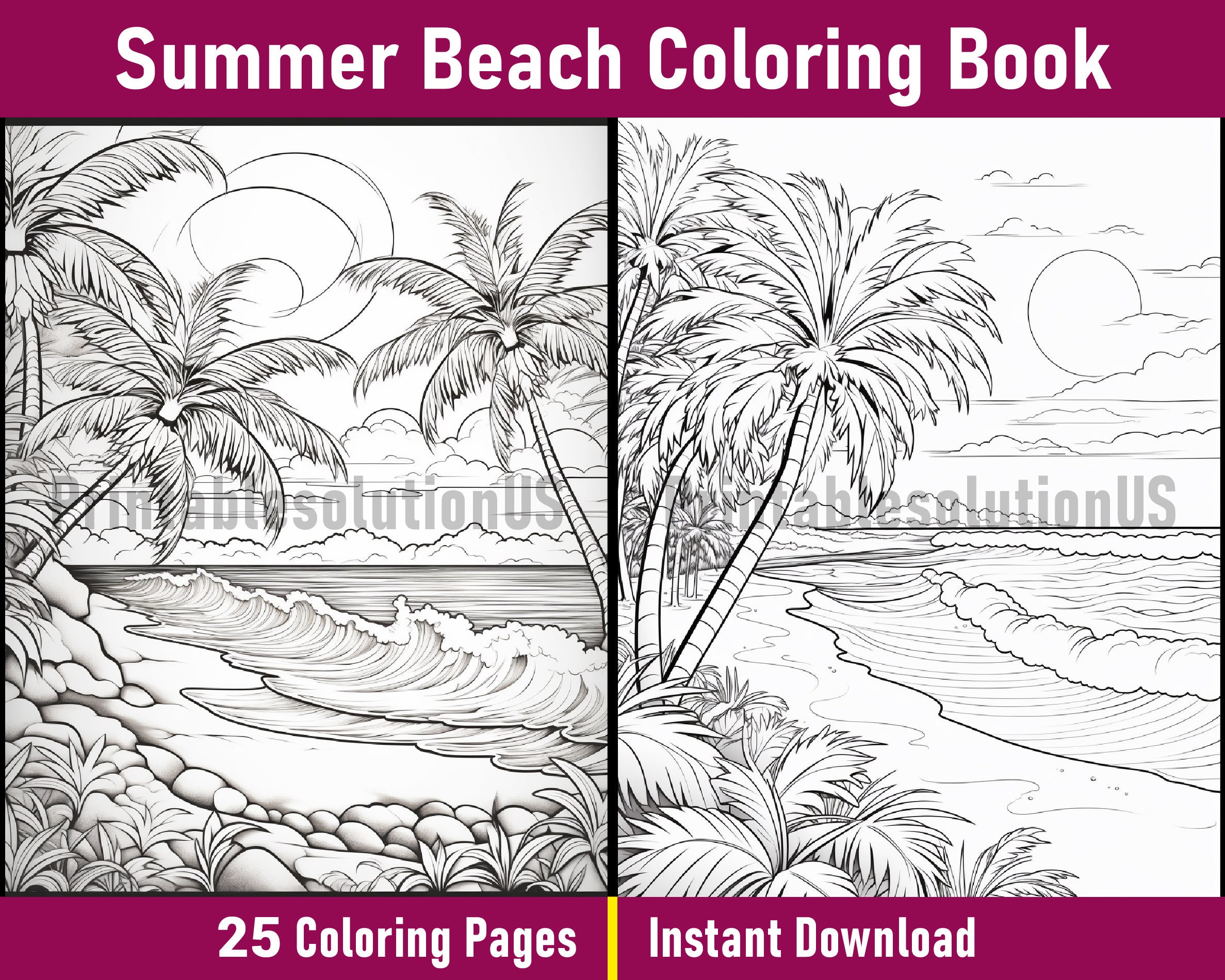 Beach Coloring Book Printable Summer Coloring Pages Black and White ...