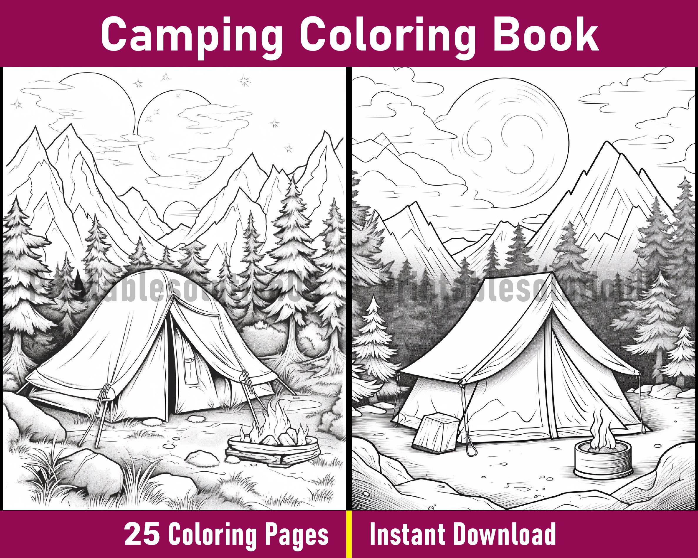 Camping Coloring Book | Printable Summer Coloring Pages | Grayscale ...