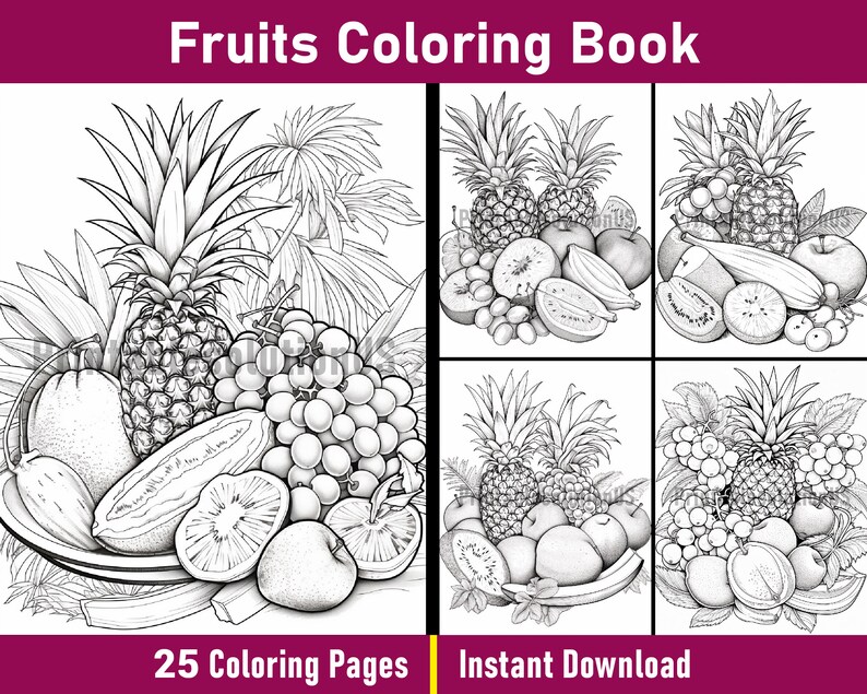 Fruits Coloring Book | Printable Summer Coloring Pages | Grayscale ...