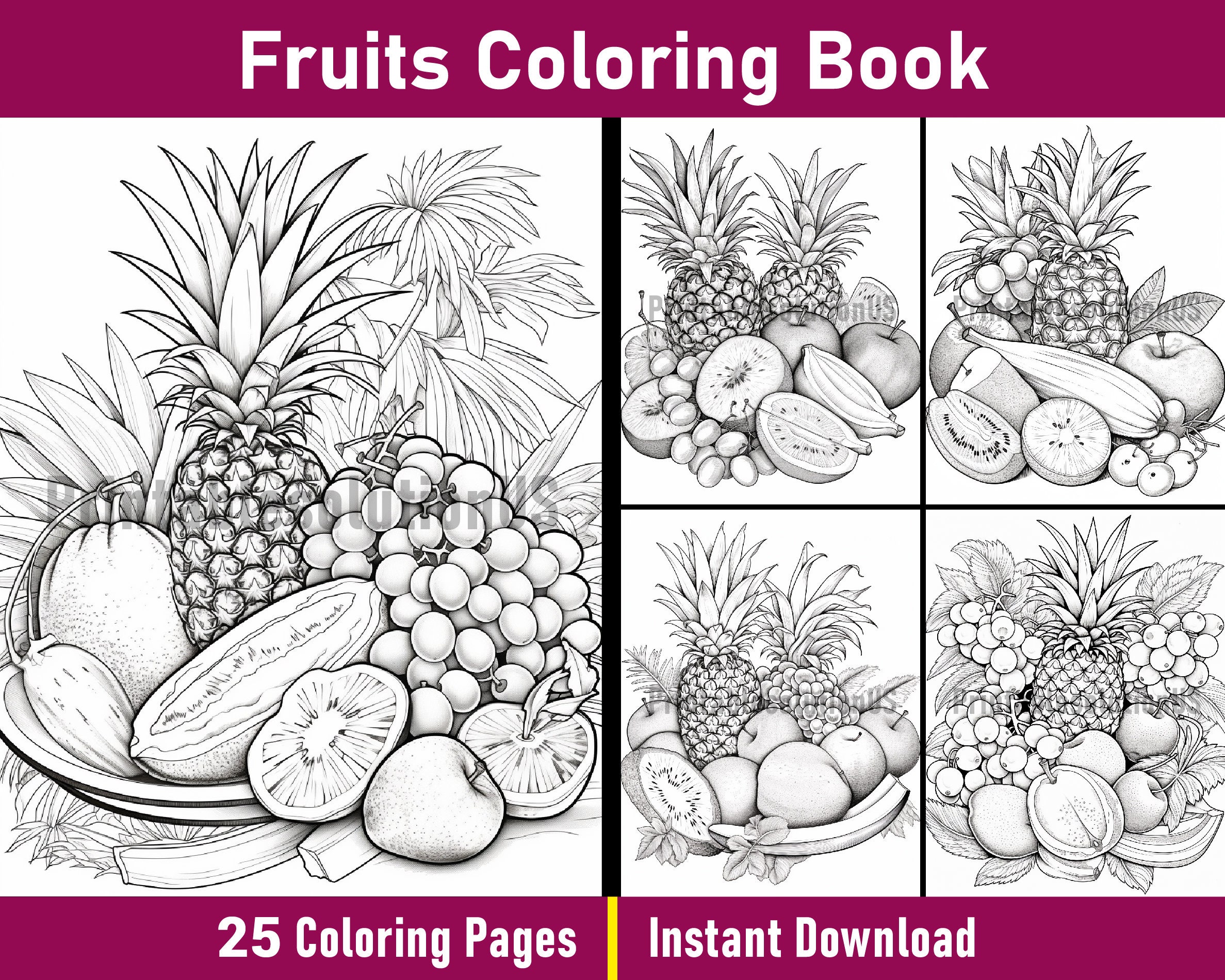 Fruits Coloring Book | Printable Summer Coloring Pages | Grayscale ...