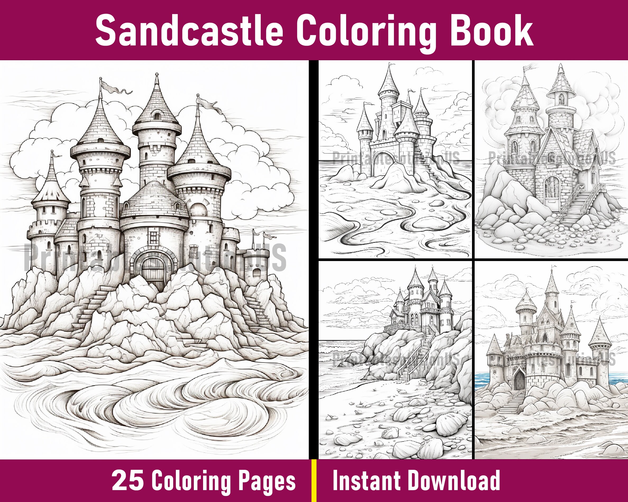 Sandcastle Coloring Book Printable Sandcastle Coloring Pages Black and ...