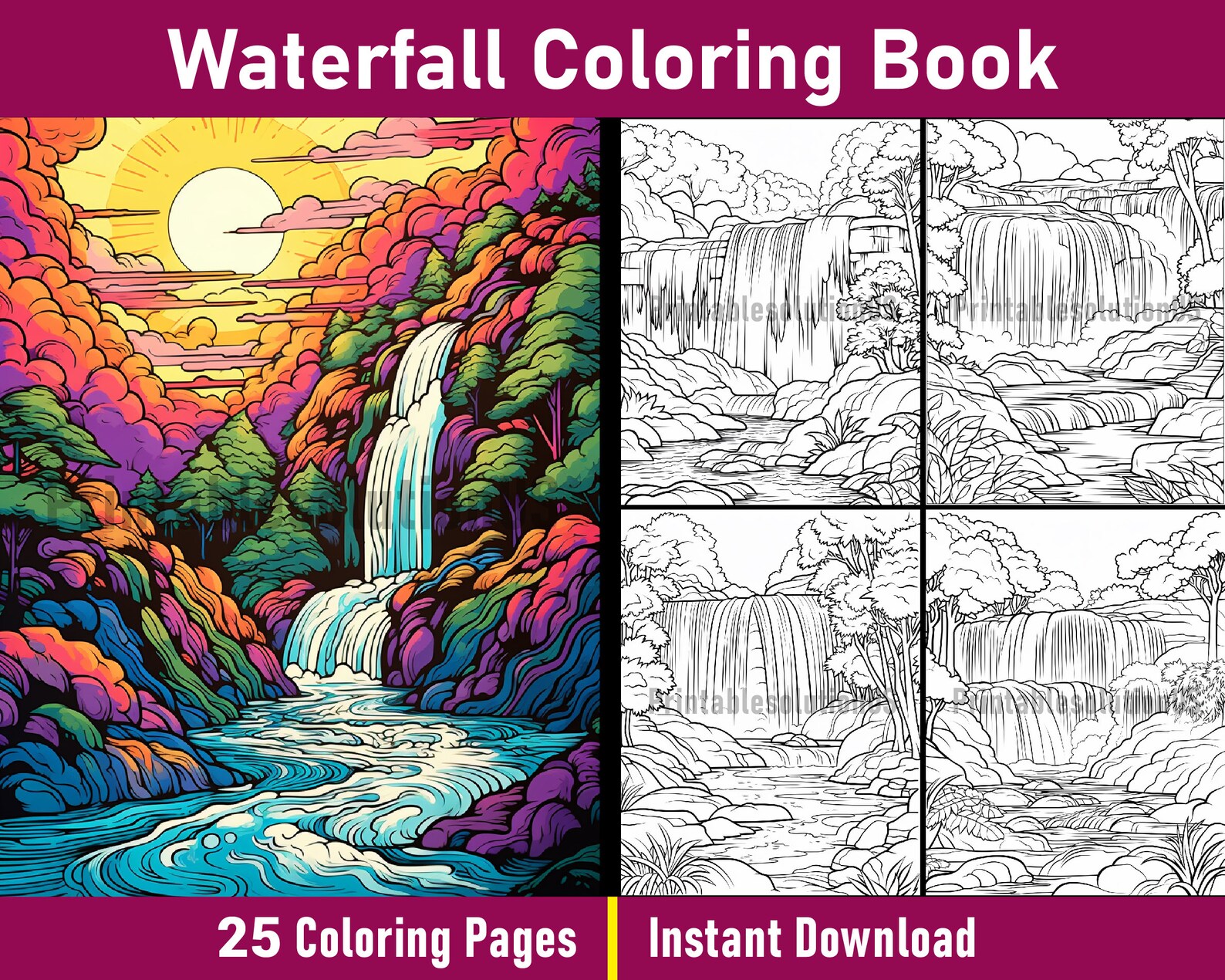 Waterfall Coloring Book V-5 Printable Nature Coloring Pages Black and ...
