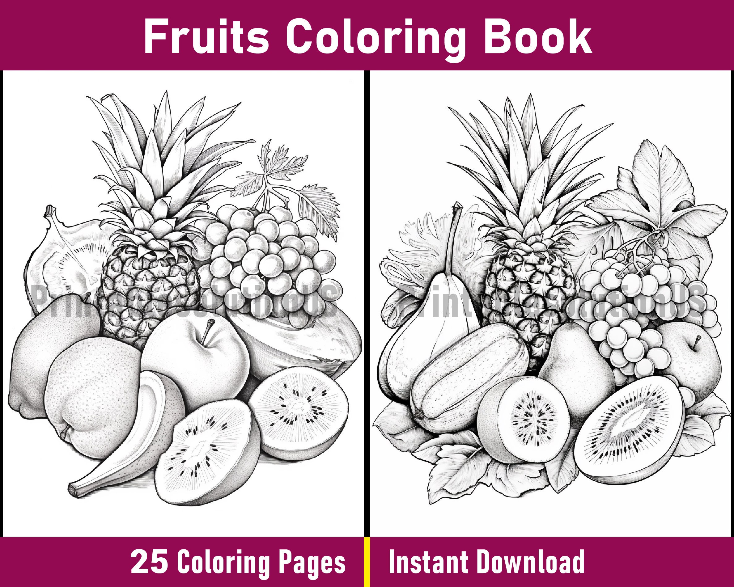 Fruits Coloring Book | Printable Summer Coloring Pages | Grayscale ...