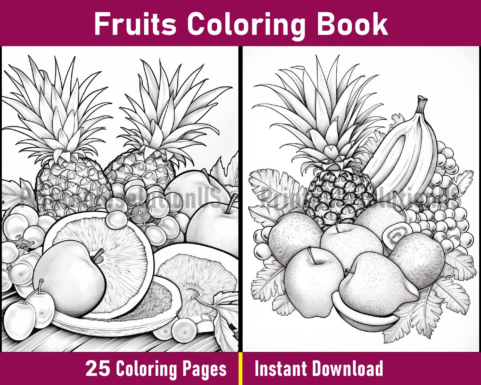 Fruits Coloring Book | Printable Summer Coloring Pages | Grayscale ...