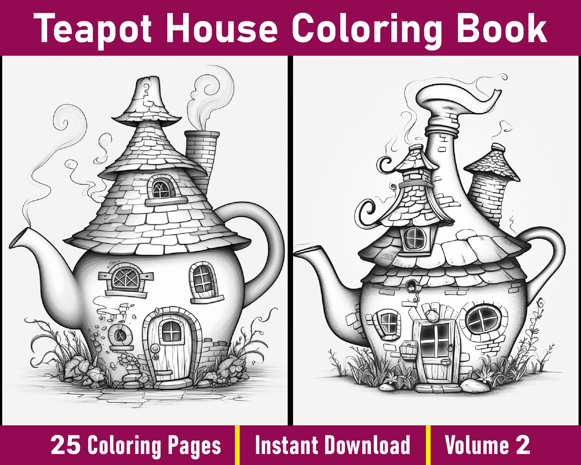 Teapot House Coloring Book V-2 | Whimsical Teapot Fairy House Coloring ...