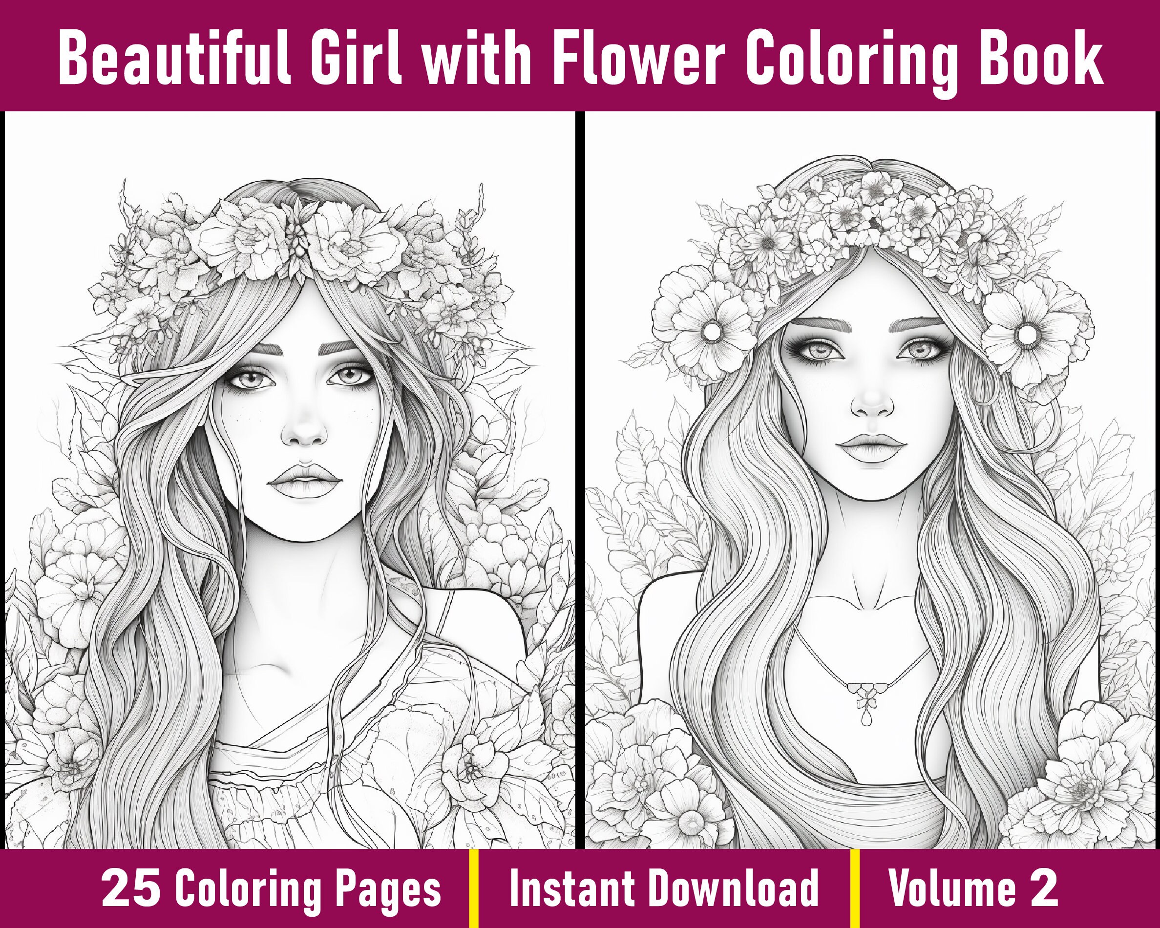 Beautiful Girl With Flower Coloring Book V-2 Cute Girl Coloring Pages ...