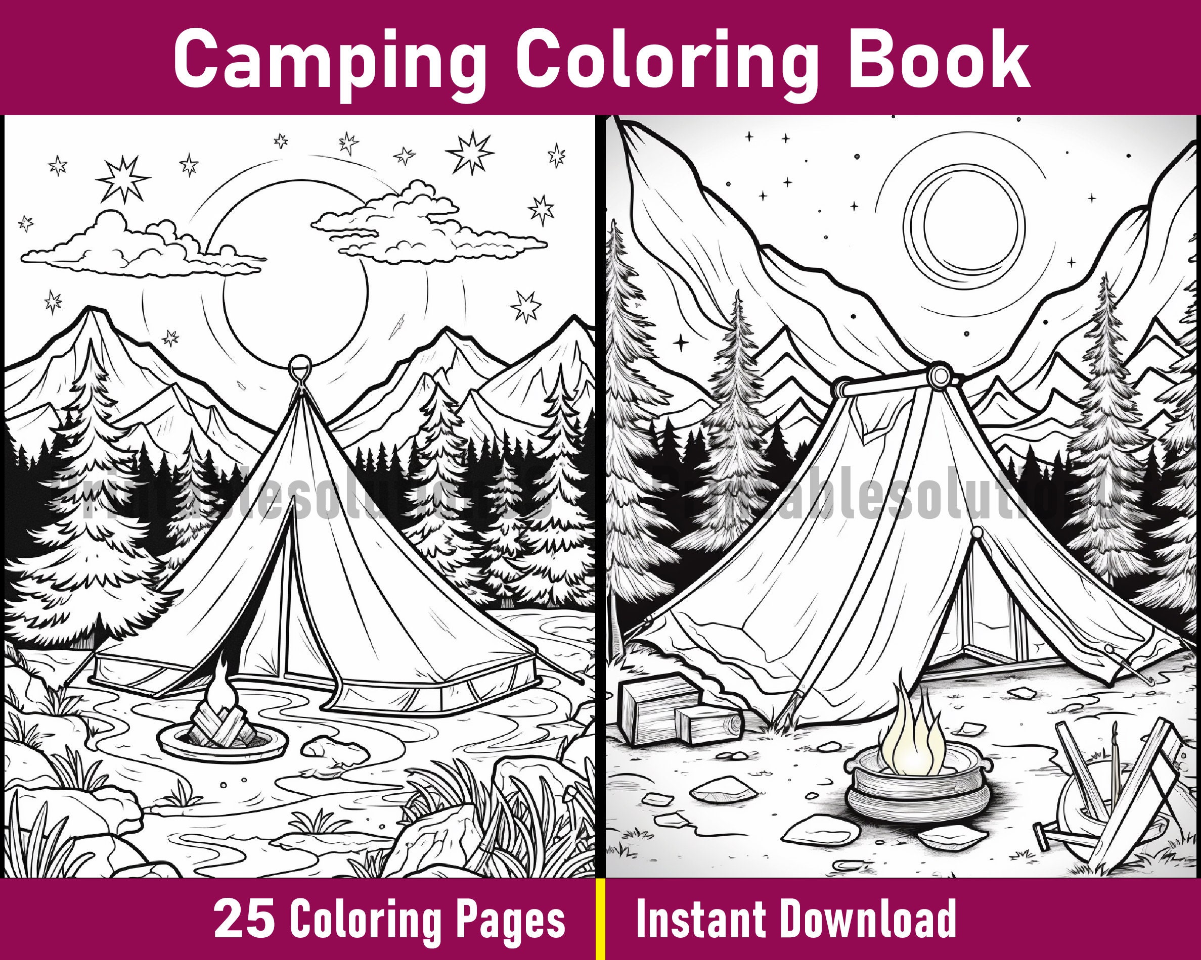 Camping Coloring Book | Printable Summer Coloring Pages | Grayscale ...
