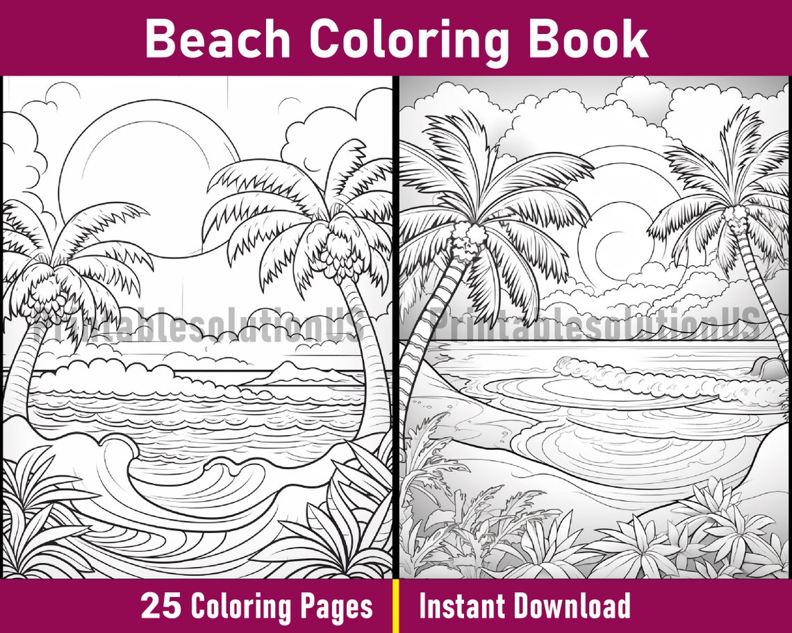 Beach Coloring Book Printable Summer Coloring Pages Black and White ...