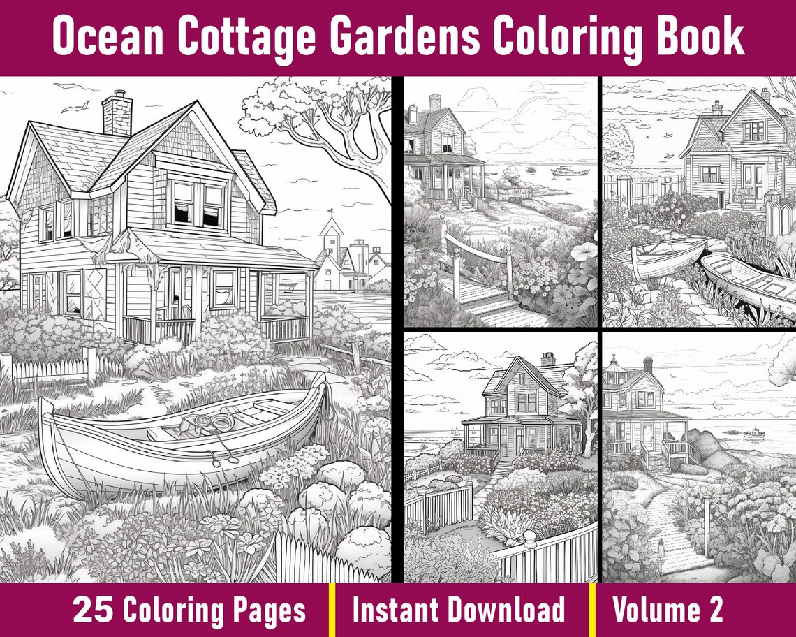 Ocean Cottage Gardens Coloring Book | 25 Printable Grayscale Pages ...