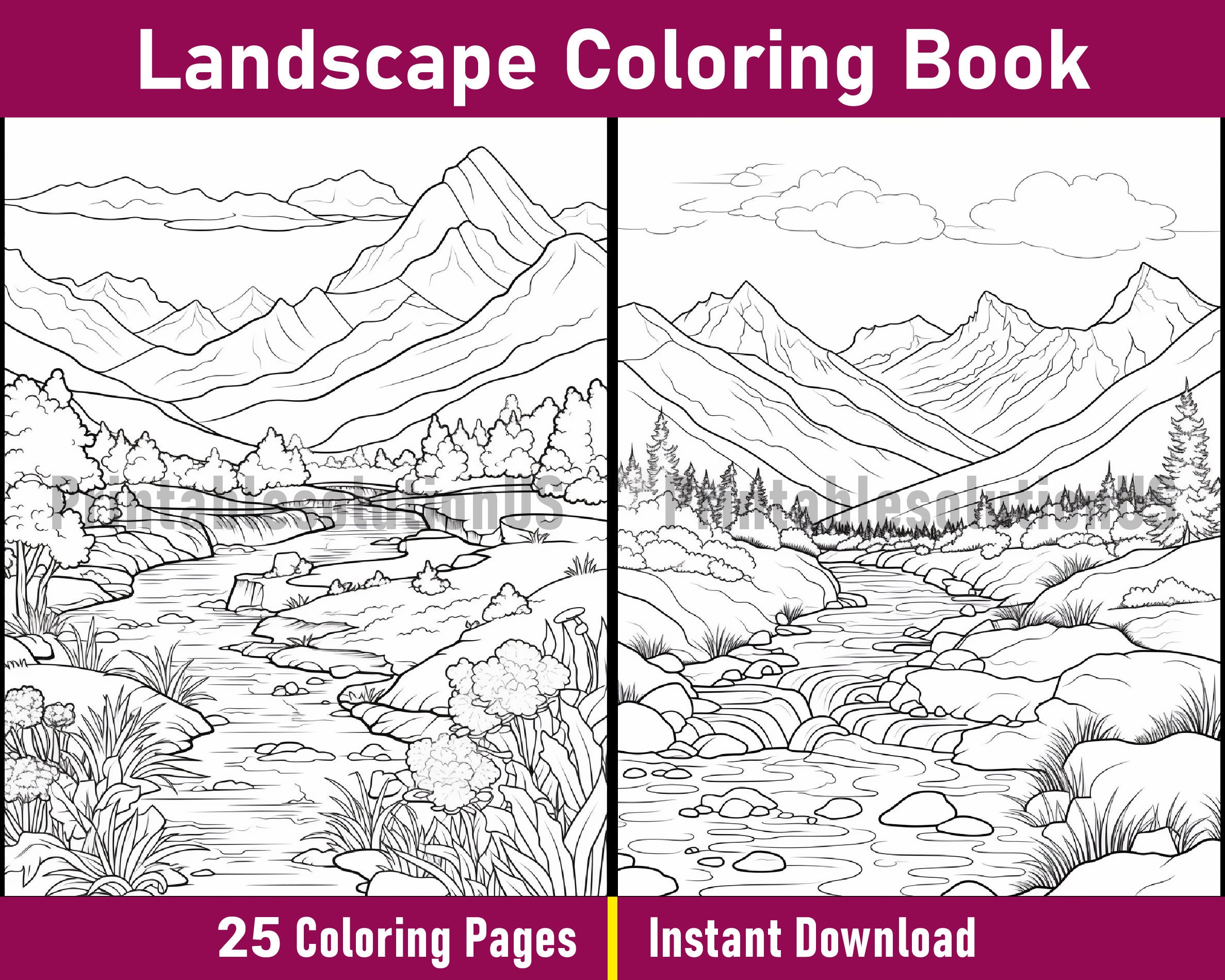 Landscape Coloring Book | Printable Landscape Coloring Pages | Black ...