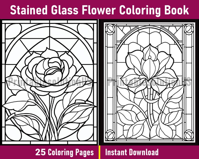 Stained Glass Rose Coloring Book Vol-2 | Rose Flower Coloring Pages ...