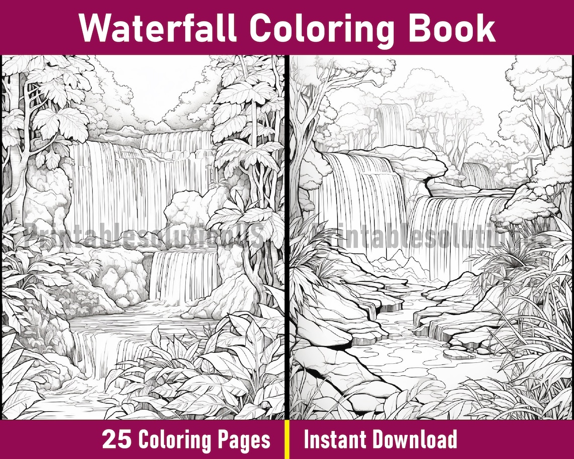 Waterfall Coloring Book V-4 Printable Nature Coloring Pages Black and ...