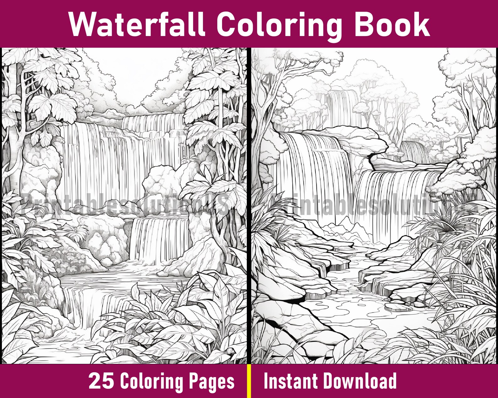 Waterfall Coloring Book V-4 Printable Nature Coloring Pages Black and ...