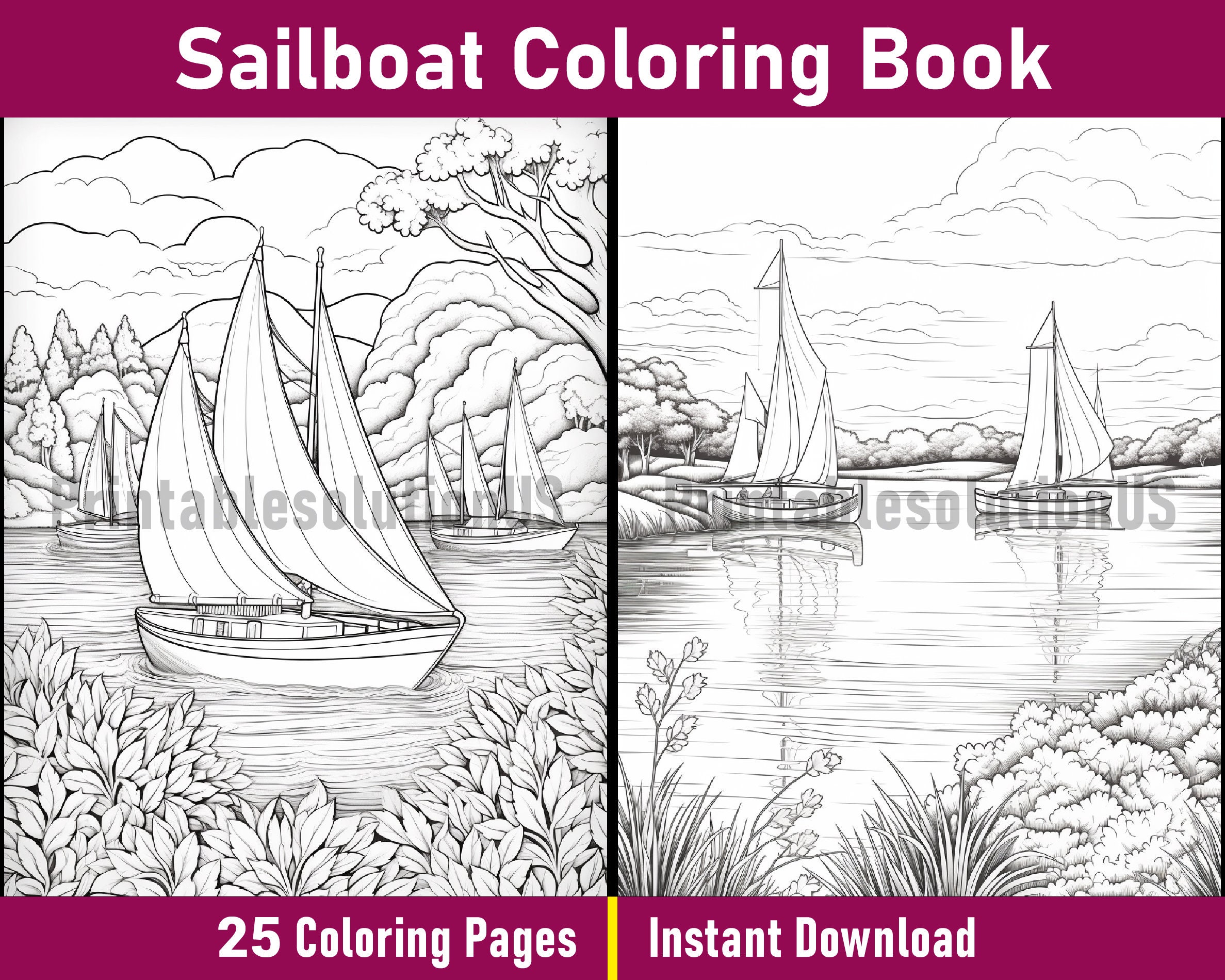 Sailboat Coloring Book | Printable Sailboat Coloring Pages | Black and ...