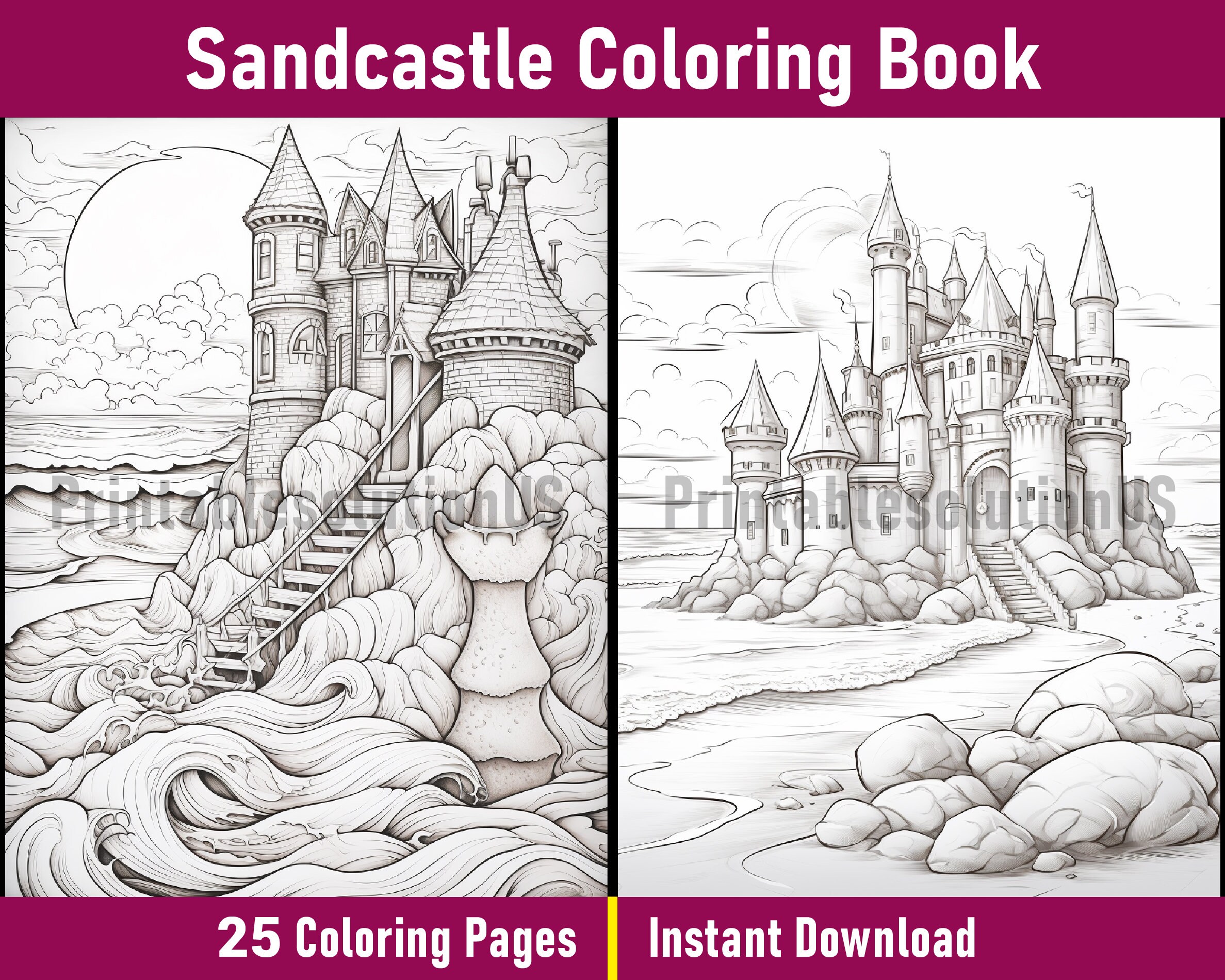 Sandcastle Coloring Book Printable Sandcastle Coloring Pages Black and ...