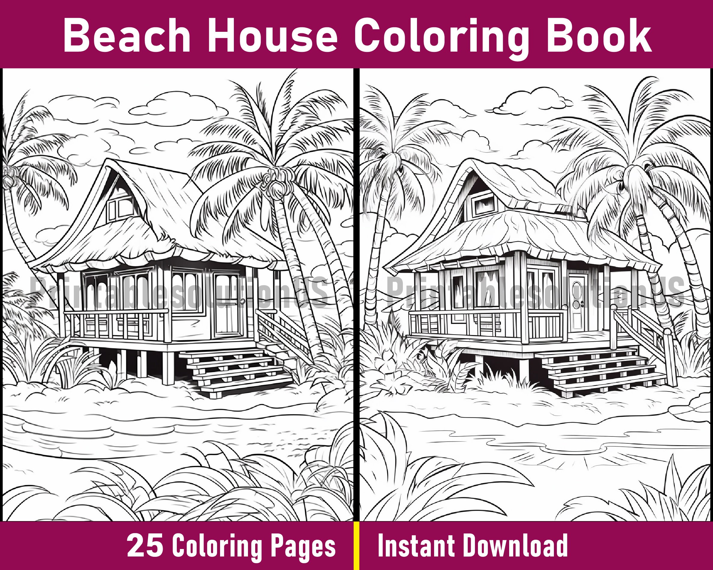 Beach House Coloring Book | 25 Printable Cottage Pages (PDF Download ...