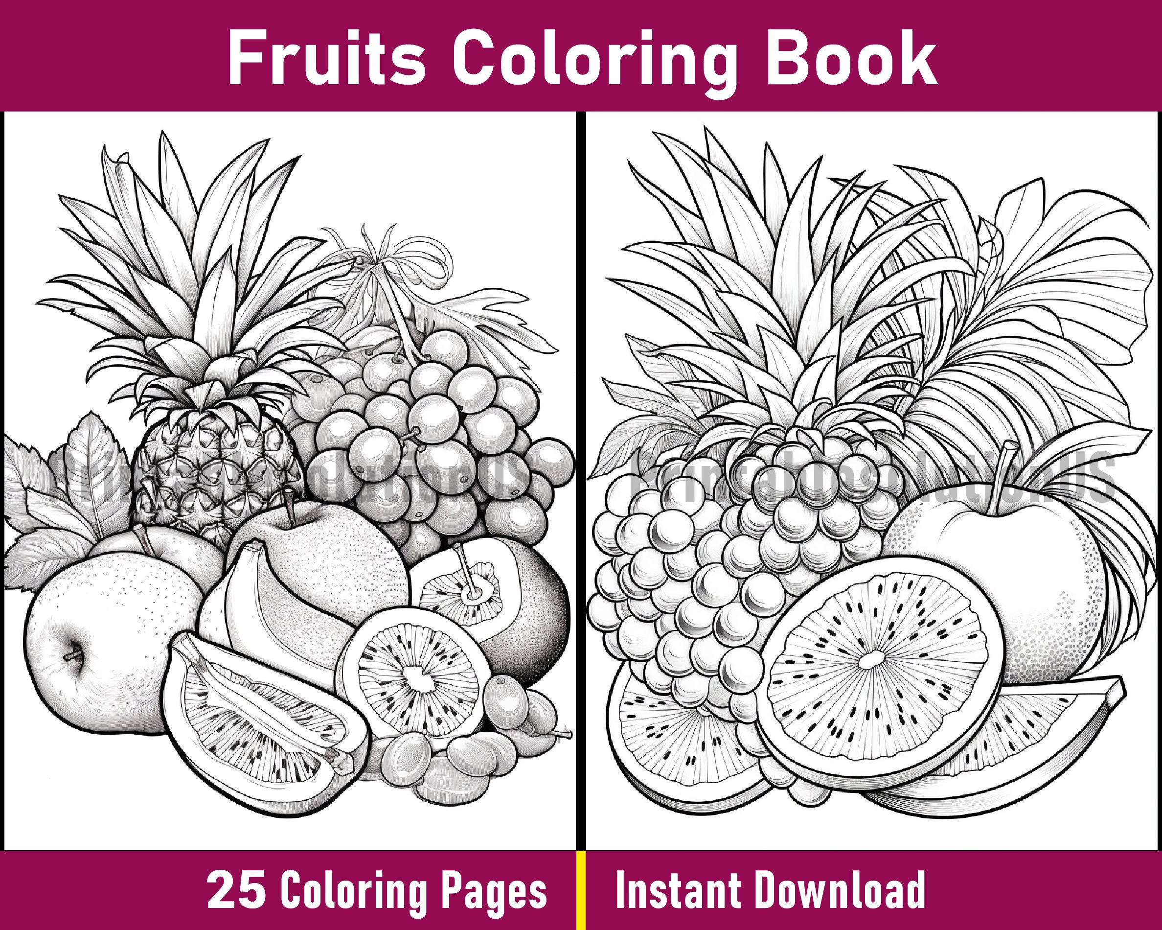 Fruits Coloring Book | Printable Summer Coloring Pages | Grayscale ...