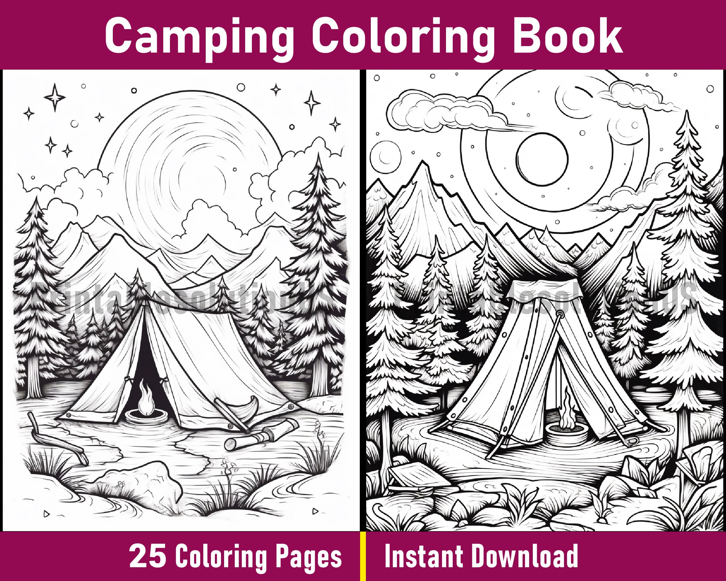 Camping Coloring Book | Printable Summer Coloring Pages | Grayscale ...