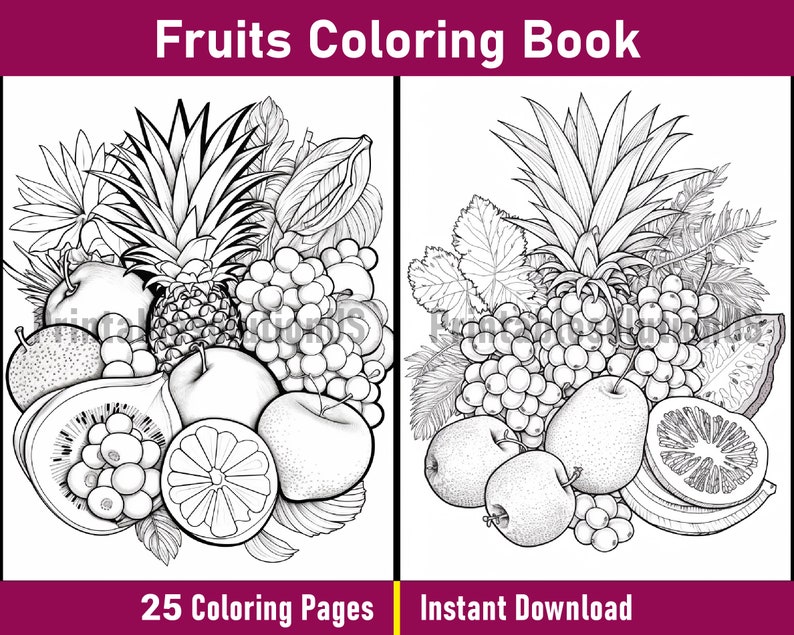 Fruits Coloring Book | Printable Summer Coloring Pages | Grayscale ...