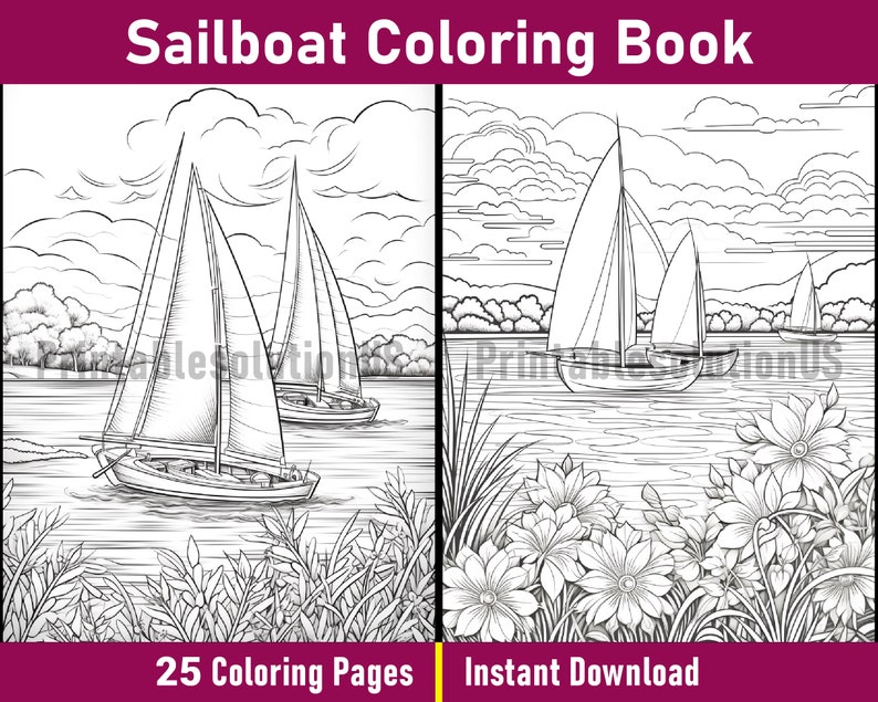 Sailboat Coloring Book | Printable Sailboat Coloring Pages | Black and ...