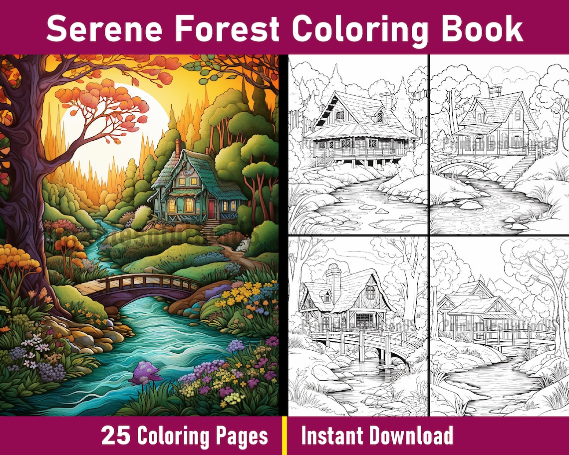 Serene Forest Coloring Book Printable Forest House Coloring Pages Black ...