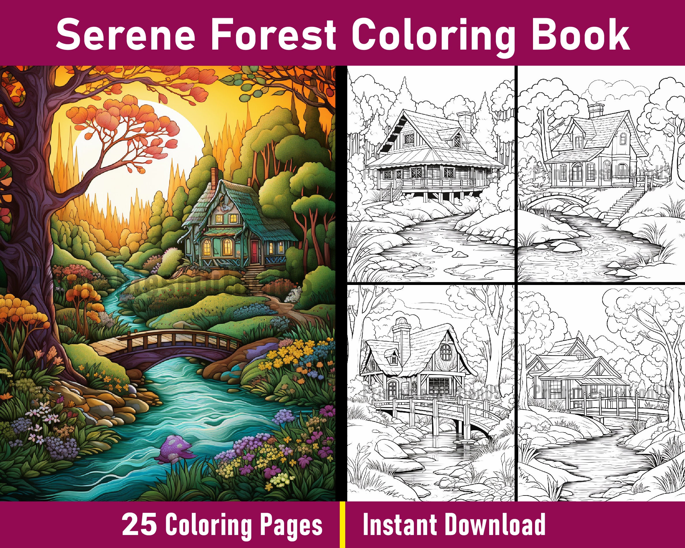Serene Forest Coloring Book Printable Forest House Coloring Pages Black ...
