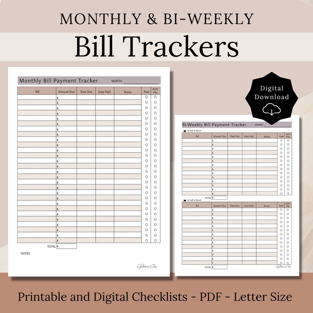 Monthly & Bi-weekly Bill Tracker, Neutral Color Scheme, Monthly Bill ...