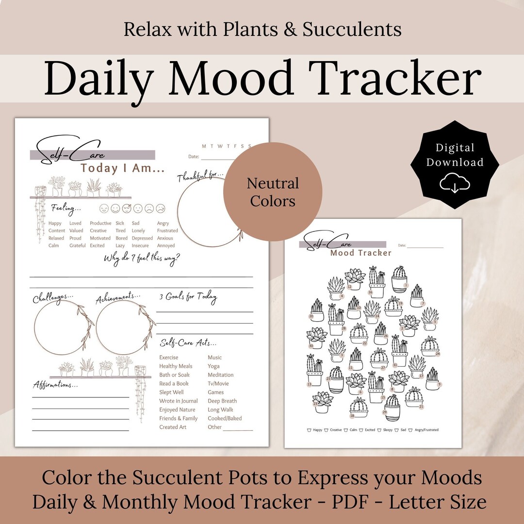 Daily Mood Tracker, Self Care Journal, Wellness Journal, Anxiety ...