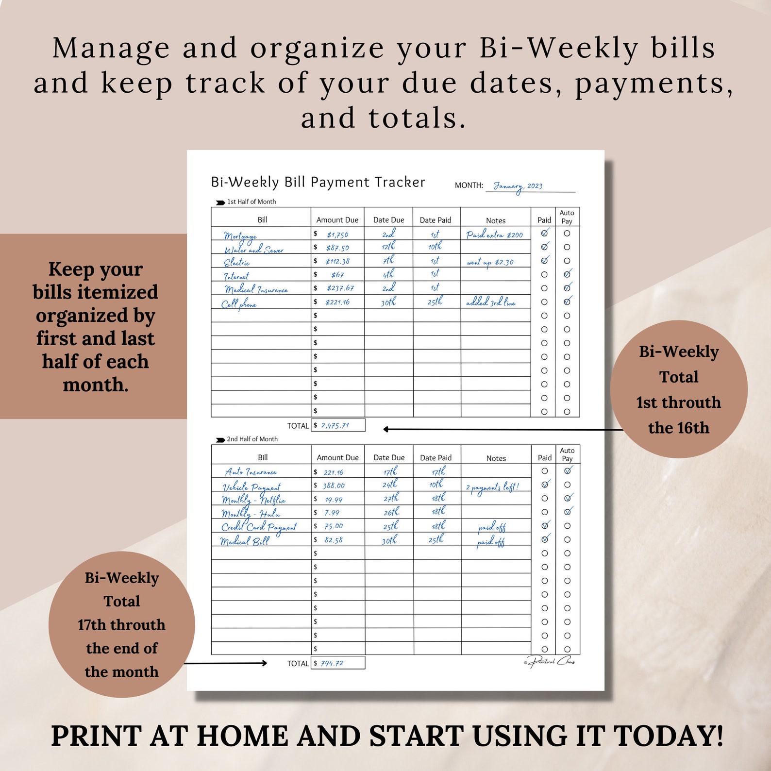 Monthly & Bi-weekly Bill Tracker, Monthly Bill Payment Tracker, Bill ...