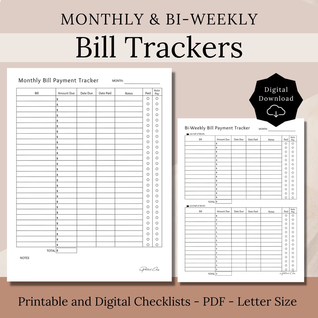 Monthly & Bi-weekly Bill Tracker, Monthly Bill Payment Tracker, Bill ...