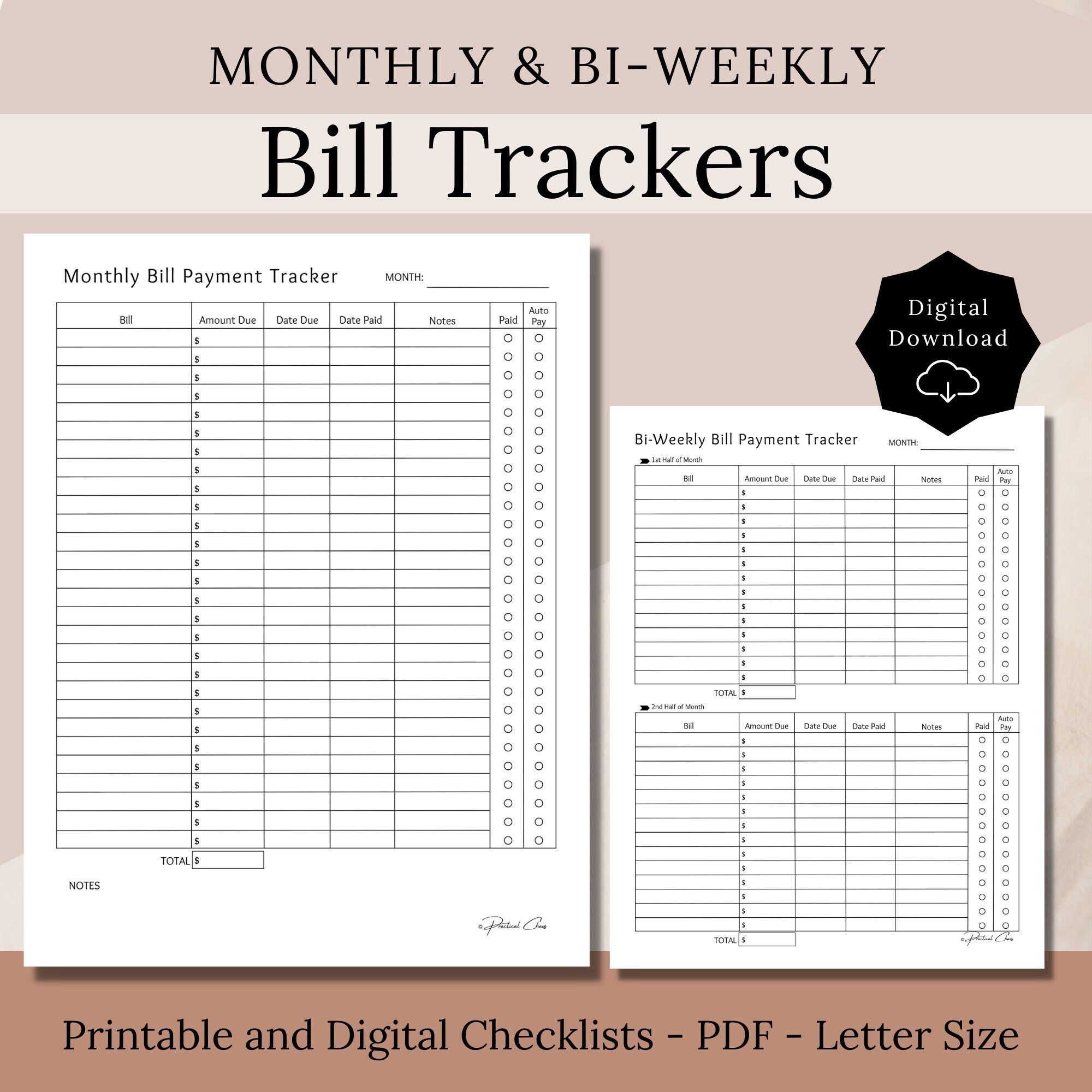 Monthly & Bi-weekly Bill Tracker, Monthly Bill Payment Tracker, Bill ...
