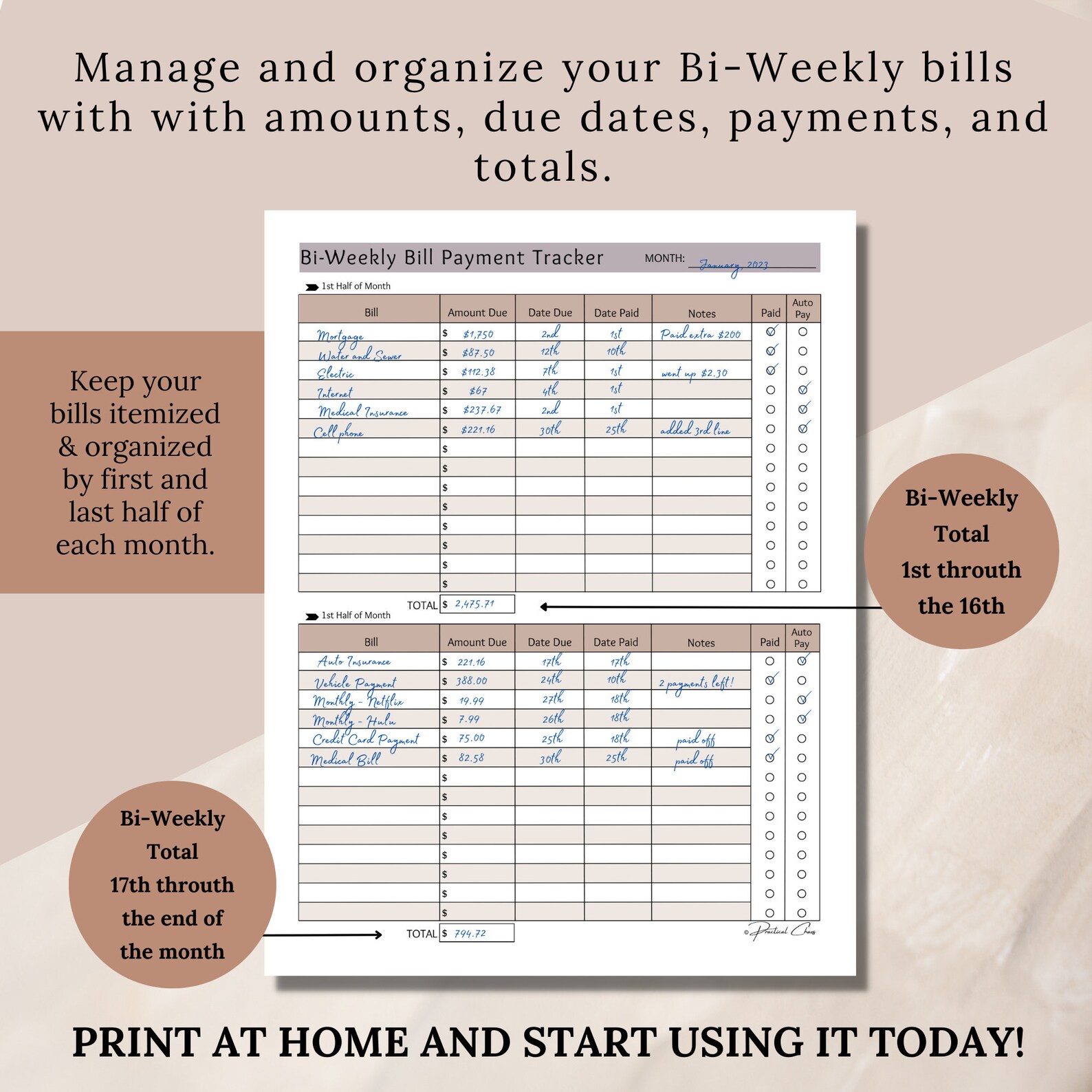 Monthly & Bi-weekly Bill Tracker, Neutral Color Scheme, Monthly Bill ...