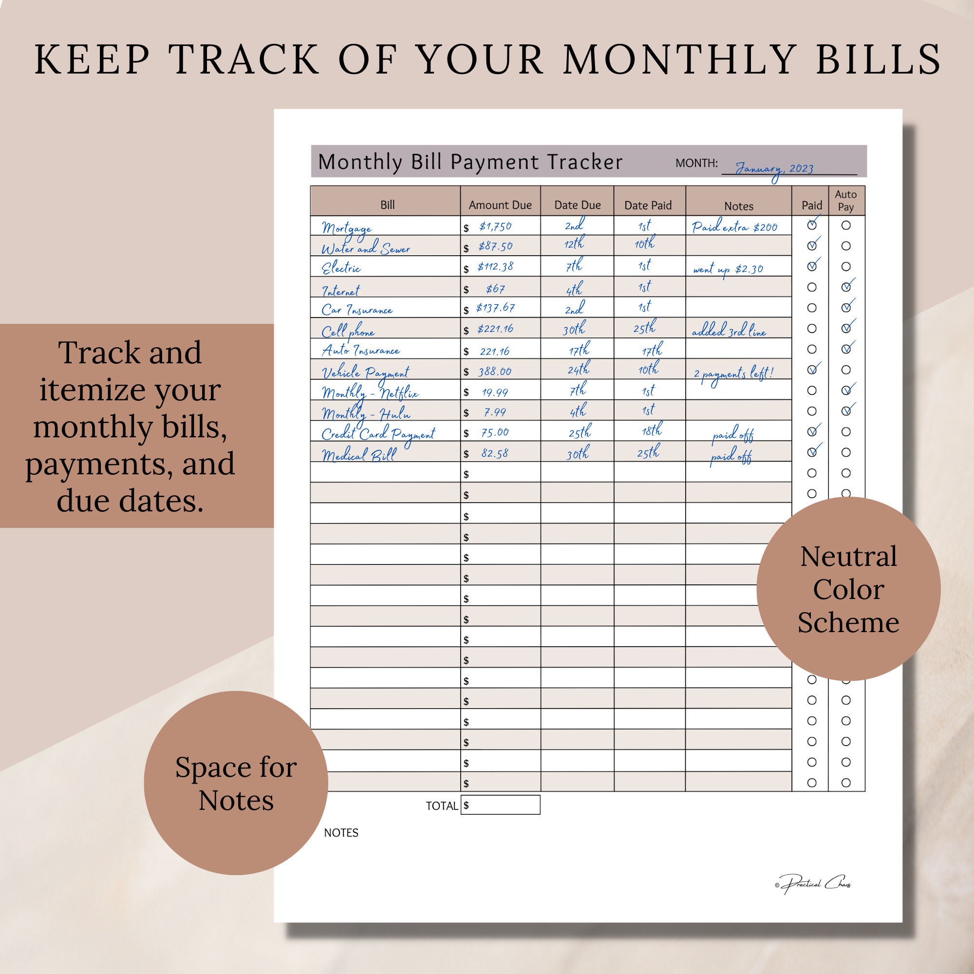 Monthly & Bi-weekly Bill Tracker, Neutral Color Scheme, Monthly Bill ...